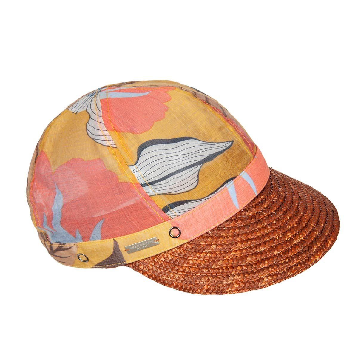 SEEBERGER | Women's summer peaked cap with floral fabric and straw ...